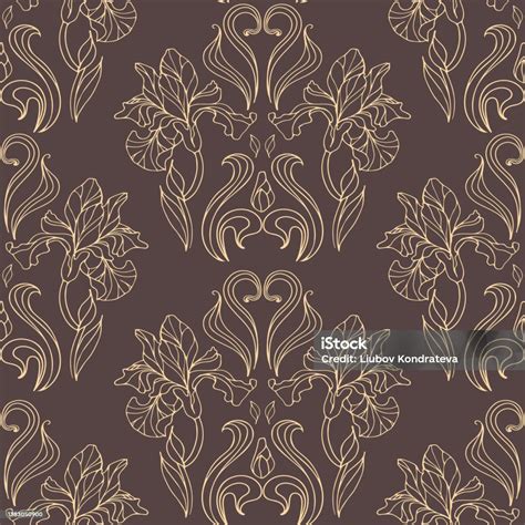 황금 우아한 홍채 꽃 아르 누보의 벡터 일러스트레이션 현대 매끄러운 빈티지 다마스 패턴 벽지 직물 인쇄 포장에 대한 식물 그림 꽃무늬에 대한 스톡 벡터 아트 및 기타 이미지