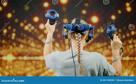 The Beautiful Woman Wearing Vr Headset Dancing In Virtual Reality Led