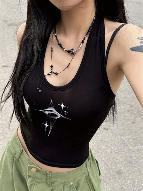 Temu｜graphic Print Halter Top Y2k Summer Sleeveless Top Womens