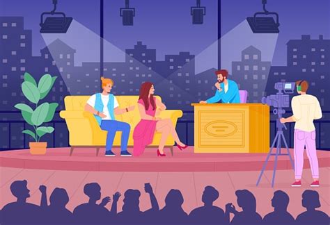 심야 쇼 Tv 저녁 주최 발표자 스튜디오 청중의 유명 인사 성격 카메라에 라이브 토크쇼 인터뷰 미디어 엔터테인먼트 멋진 벡터
