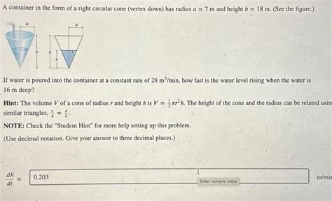 Solved A Container In The Form Of A Right Circular Cone
