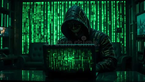 hooded hacker dark room green matrix code computer screen stock