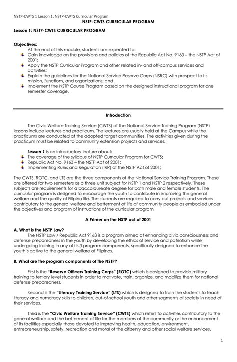 Lesson 1 Nstp Cwts Currricular Program Nstp Cwts Curricular Program Lesson 1 Nstp Cwts
