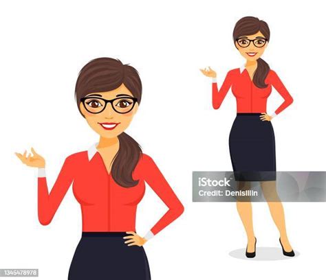 젊고 아름다운 소녀가 하얀 배경에 서 있습니다 전체 길이 및 세로 그의 손으로 제스처를 만든다 셔츠와 치마를 입고 플랫 스타일 만화 갈색 머리에 대한 스톡 벡터 아트 및