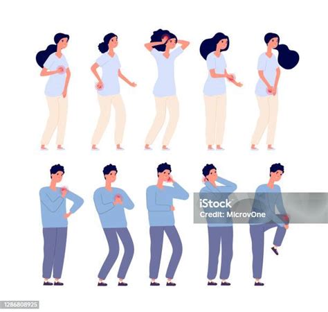 고통 사람들 팔 다리와 가슴에 치통 두통 통증을 느끼는 사람 고통받는 여성 남성 신체 질환 벡터 문자 개념에 대한 스톡 벡터