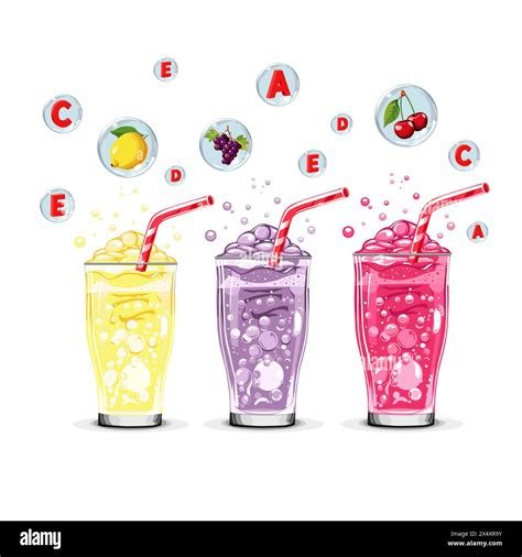 Healthy Pink Purple And Yellow Oxygen Cocktails With Fruit In Air