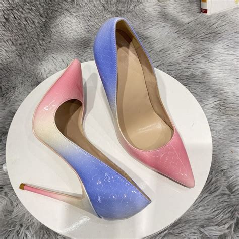 Gradient Blue Pink Crocodile Effect Women Pointy Toe High Heel Shoes