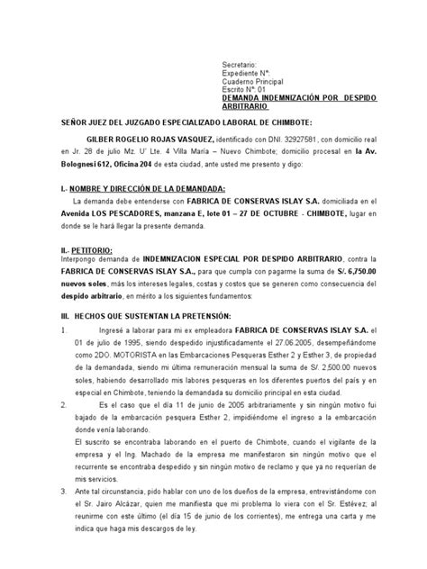 Modelo De Indemnizacion Por Despido Arbitrario