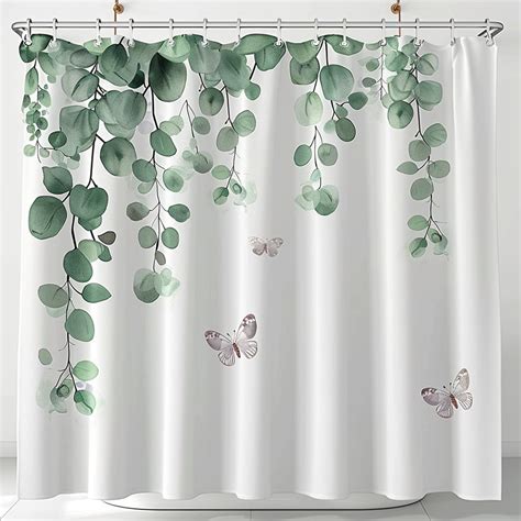 Eucalyptus Leaves And Butterflies Shower Curtain Watercolor Design Cute