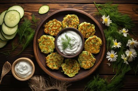 Zucchini Fritters With Herbed Yogurt Sauce Premium Ai Generated Image