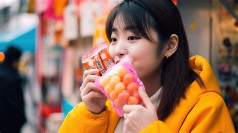 Asian Girl Eating Snack In Street With Packet Of Snacks Girls