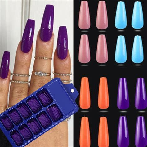 Opvise 100pcsset False Nail Tips Stickers Full Cover Long Coffin Fake