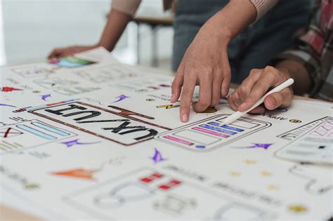 Ux 개발자와 Ui 디자이너 브레인스토밍 인터페이스 와이어프레임 디자인을 닫습니다 크리에이티브 디지털 개발 에이전시 2명에 대한