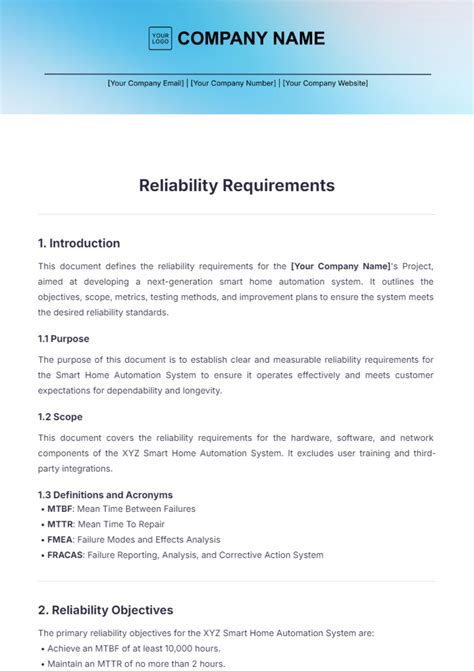 Free Reliability Requirements Template To Edit Online