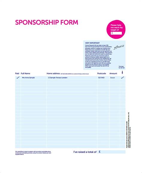 A Printable Receipt Form With The Words Sponsor Form In Pink And Blue On It