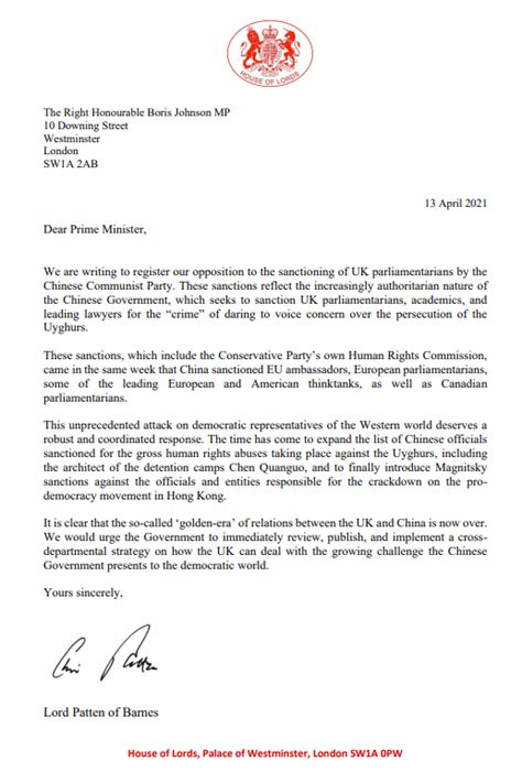 Patten Led Group Of Over 100 MPs Peers Call For Sanctions On HK