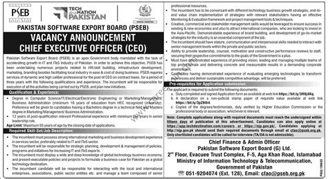Pakistan Software Export Board Pseb Jobs Chief Executive Officer Ceo