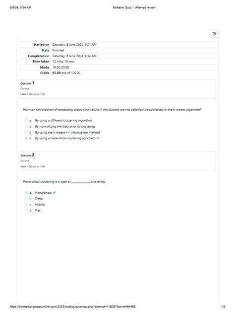 Midterm Quiz 1 Attempt Review Pdf Cluster Analysis Artificial