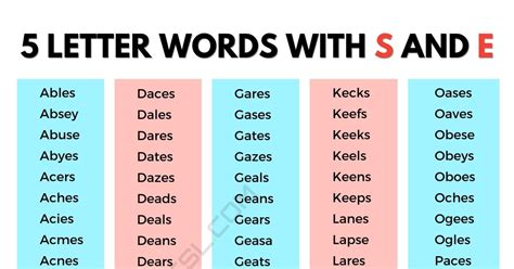 2500 Cool 5 Letter Words With S And E Any Positions • 7esl
