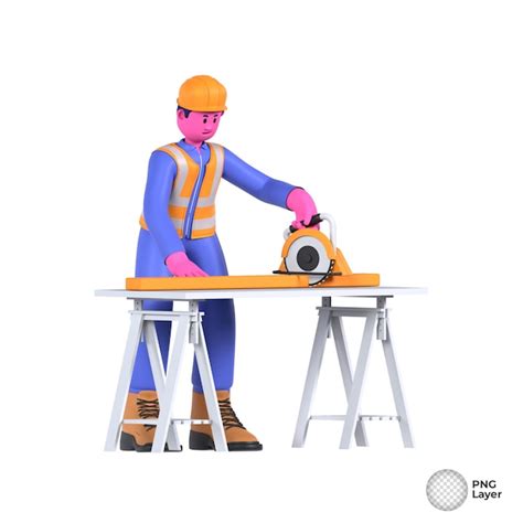 Premium Psd 3d Illustration Of Civil Engineer Wielding Wood Cutting Tool Demonstrating