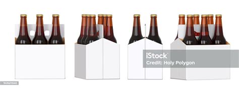 흰색 코르 톤 팩에 6 개의 갈색 맥주 병입니다 4 개의 다른 전망 3d 렌더링 흰색 배경에 고립 0명에 대한 스톡 사진 및 기타 이미지 Istock