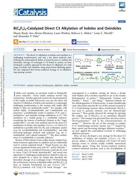 Pdf Bc 6 F 5 3 Catalyzed Direct C3 Alkylation Of Indoles And