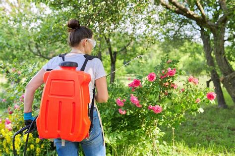 Premium Photo Woman In Backyard Garden With Pressure Sprayer Backpack