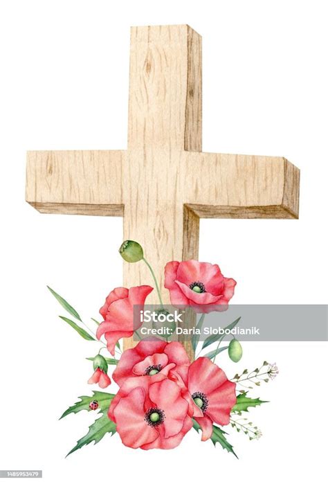 현충일 안작 데이를 위한 수채화 그림 손으로 그린 빨간 양귀비 꽃과 나무 십자가 우리가 잊지 않도록 Remembrance Day에 대한 스톡 벡터 아트 및 기타 이미지