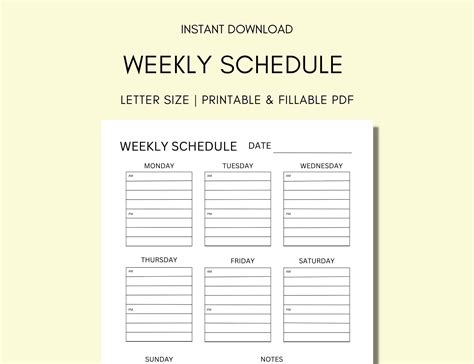 Weekly Schedule Printable Template Task Tracker Appointment Reminder Letter Size Instant
