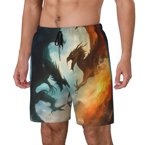 Cauagu Red And Blue Flame Wave Dragon Print Mens Swim Trunks Quick Dry