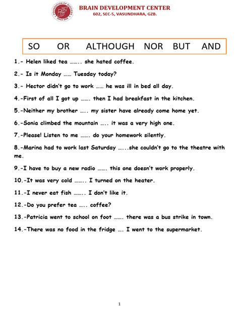 Conjunction Test Sheet 2 Pdf