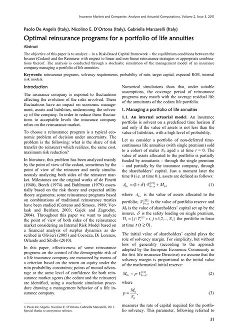 Pdf Optimal Reinsurance Programs For A Portfolio Of Life Annuities