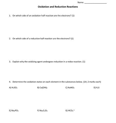 Solved Name Oxidation And Reduction Reactions 1 On Which Chegg Com