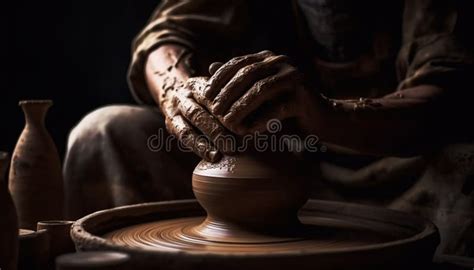 Craftsperson Shaping Clay On Pottery Wheel Creating Vase Generated By
