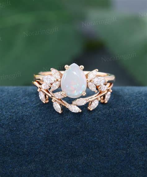 Pear Shaped Opal Engagement Ring Set Vintage Rose Gold Wedding Etsy