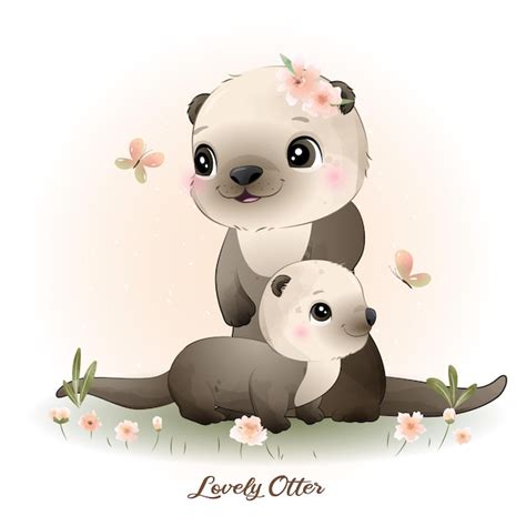 Doodle otter ilustração em aquarela de flores Vetor Premium