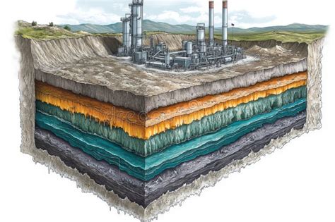 Cross Sectional Geological Illustration Of Layered Earth Showing Fossil Fuel Reserves And
