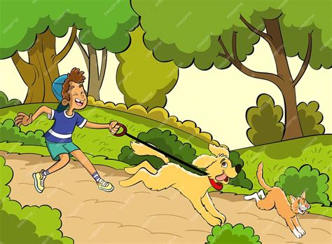 Passeando Com O Cachorro E O Gato No Parque Ilustração Vetorial