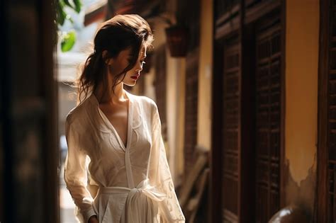 Premium Photo Woman White Kimono Stands Narrow Alley