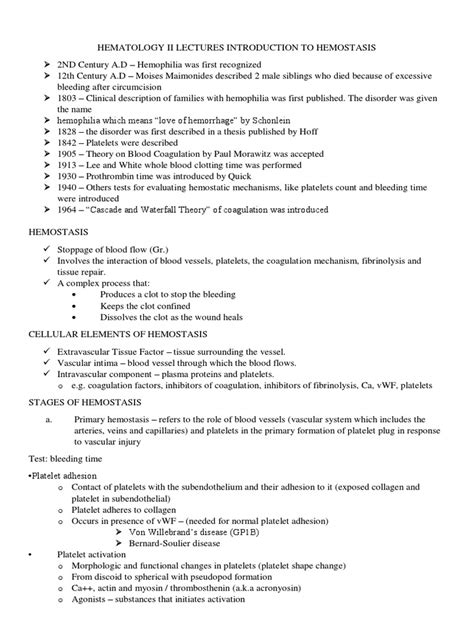 Hematology Ii Lectures Introduction To Hemostasis Pdf Coagulation