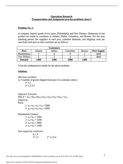 Assignment Transportation Sheet 2 Pdf Supply Chain Applied