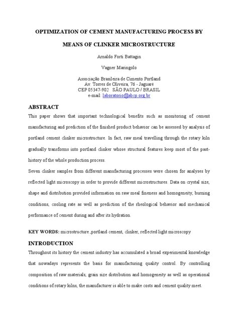 Optimization Of Cement Manufacturing Process By Means Of Clinker Micro Structure Pdf Cement
