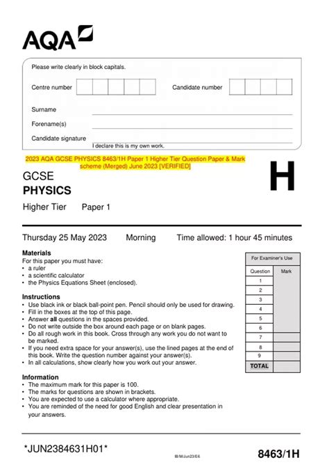 2023 Aqa Gcse Physics 8463 1h Paper 1 Higher Tier Question Paper And Mark