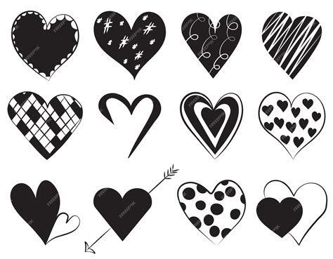 Doodle Corazones Conjunto Silueta Diseño Vector Aislado Vector Premium
