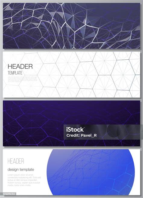 헤더 배너 디자인 템플릿의 최소 벡터 일러스트 레이아웃 육각형이 있는 디지털 기술과 빅 데이터 개념 점과 선을 연결하는 다각형 과학 의학 배경 개념에 대한 스톡 벡터 아트