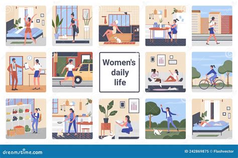 Girl Daily Routine Collection Vector Illustration