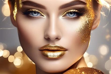 Premium Ai Image High Fashion Model Woman With Bright Golden Sparkles