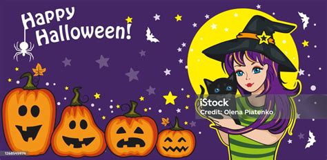 귀여운 호박세트와 고양이와 작은 마녀 행복한 할로윈엽서 친구 또는 가족 원더랜드 벡터 그림입니다 별 박쥐와 거미와 동화 배경 멋진 캐릭터 가을에 대한 스톡 벡터 아트 및