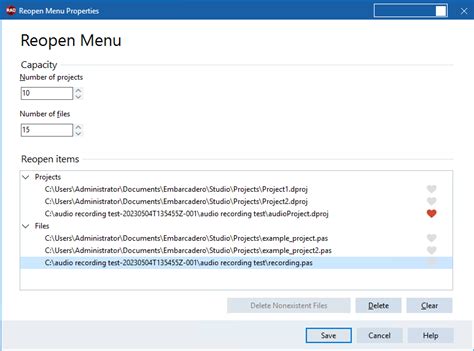 Reopen Menu Properties RAD Studio