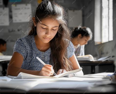 Premium Photo Girl Writing Exam In The Classroom Ai Generated